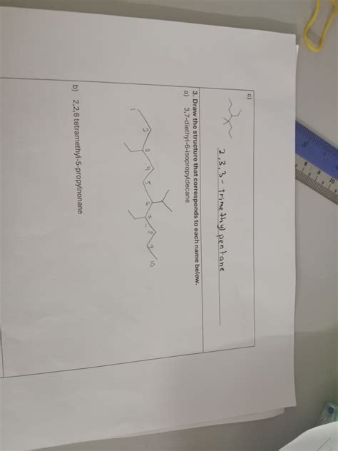c)CCCC(C)(C)C(CC)CC2,3,3- Trime thy pentane3. Draw the structure that..