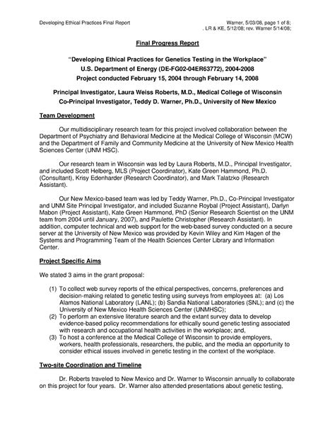 Final Progress Report Developing Ethical Practices For Genetics Testing In The Workplace Unt