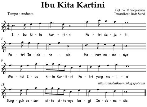 Not Angka Lagu Ibu Kita Kartini Kumpulan Not Angka La