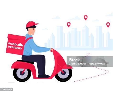 빨간 오토바이에 등에 소포를 들고 배달 남자는 도시 주위에 패스트 푸드를 제공합니다 스쿠터를 타는 남자 검색에 대한 스톡 벡터 아트 및 기타 이미지 Istock