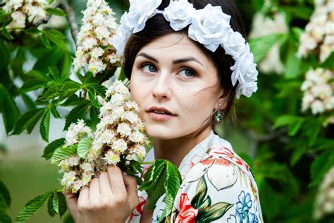 Close Up Portrait Of Young Beautiful Russian Brunette Girl At Summer