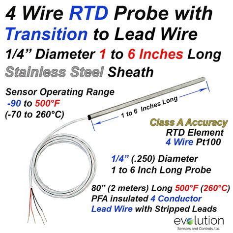4 wire rtd probe 1 to 6 inch long 1 4 diameter with 2 meters lead wire evolution sensors and