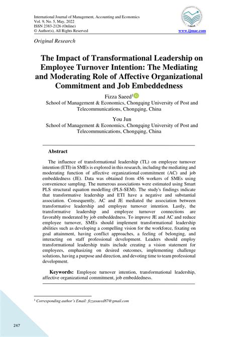 Pdf The Impact Of Transformational Leadership On Employee Turnover Intention The Mediating