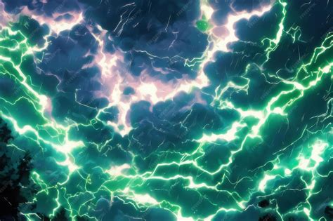 Anime Art Illustration Of Green Lightning Strikes On Dark Background