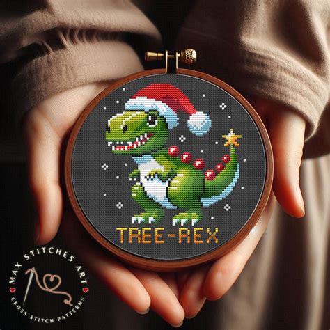 Tree Rex Cross Stitch Pattern PDF Tyrannosaurus Embroidery Dino Santa Funny Dinosaur