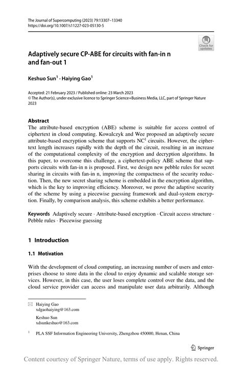 Adaptively Secure Cp Abe For Circuits With Fan In N And Fan Out 1