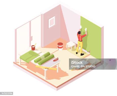 인테리어 작업 서비스의 벽지 작업자 노란색 빨간색 유니폼 접착 벽지 녹색 방 안의 전문 수리공 집 실내 품질 작업 혁신 프로세스