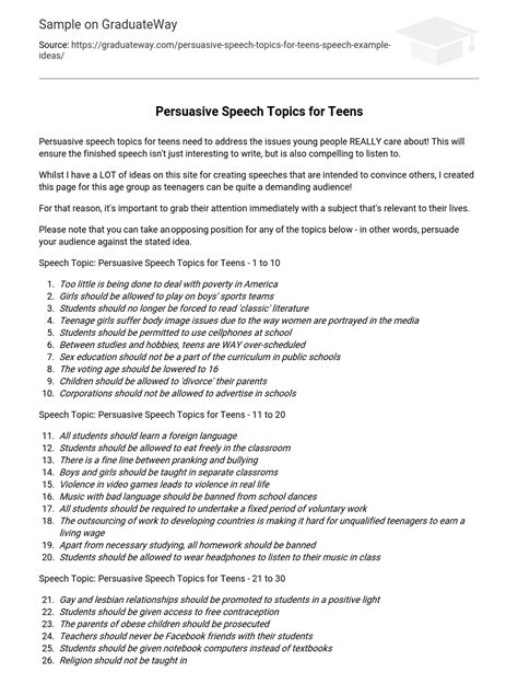 ⇉persuasive Speech Topics For Teens Essay Example Graduateway