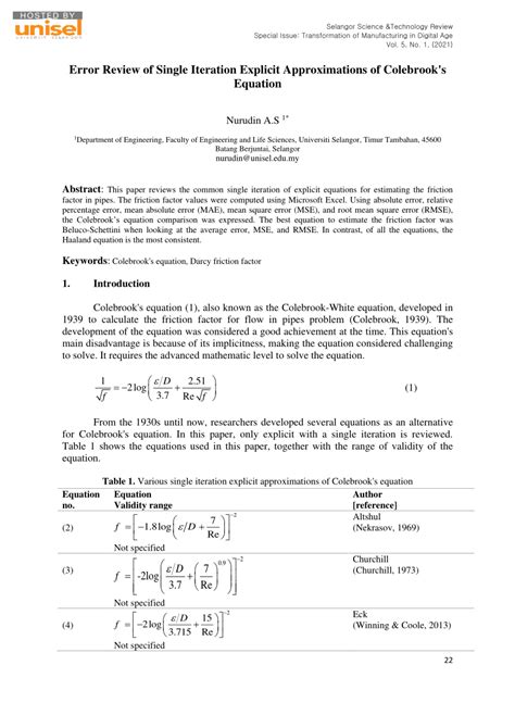 Pdf Error Review Of Single Iteration Explicit Approximations Of Colebrooks Equation