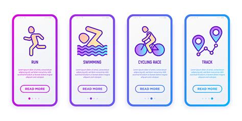 트라이 애슬론 경쟁 모바일 사용자 인터페이스 얇은 라인 아이콘 주자 수영 사이클링 경주 트랙 모바일 앱에 대한 현대 벡터 그림 거리가 먼에 대한 스톡 벡터 아트 및 기타