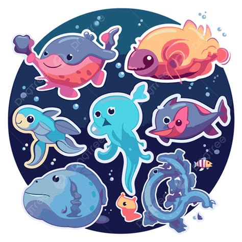 Funky Sea Animals Sticker Set Vector Clipart Sea Animals Sea Animals