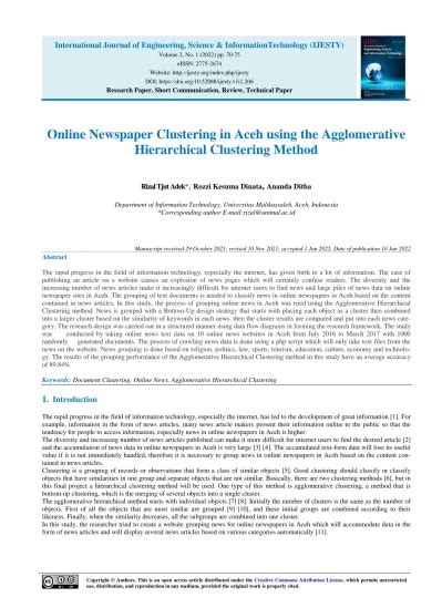 Online Newspaper Clustering In Aceh Using The Agglomerative