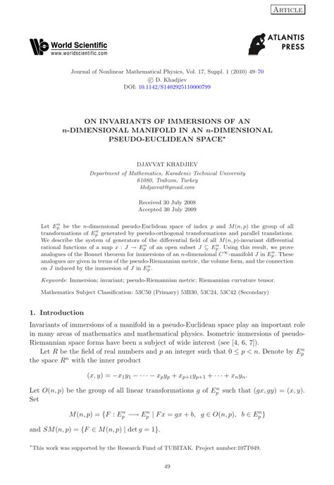 pdf on invariants of immersions of an n dimensional manifold in an n
