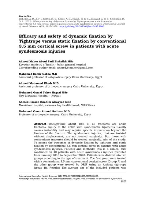 Pdf Efficacy And Safety Of Dynamic Fixation By Tightrope Versus Static Fixation By