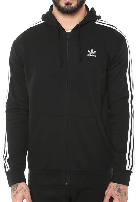 Moletom Flanelado Aberto Adidas Originals Adicolor 3stripes Fz Preto