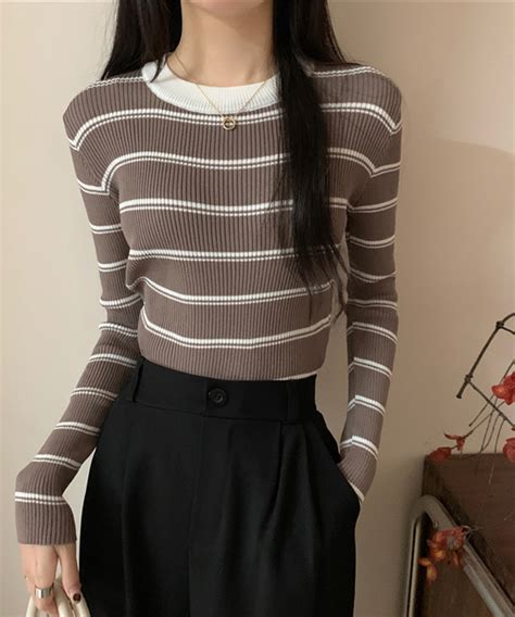 포앤바이앤 베이직 스트라이프 니트티 라운드넥 배색라인 골지 줄무늬 단가라 슬림핏 여리핏 긴소매 풀오버 니트탑 겨울 안에입는 이너티 이너니트 기본 심플 캐주얼 출근룩