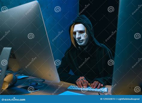 Masked Female Hacker Developing Malware Stock Image Image Of