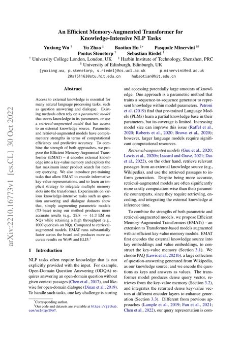 Pdf An Efficient Memory Augmented Transformer For Knowledge Intensive Nlp Tasks