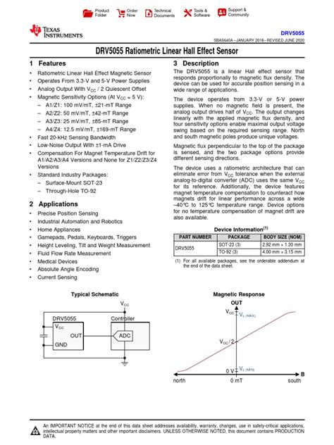 Drv5055 Ratiometric Linear Hall Effect Sensor 1 Features 3 Description Pdf Electrostatic