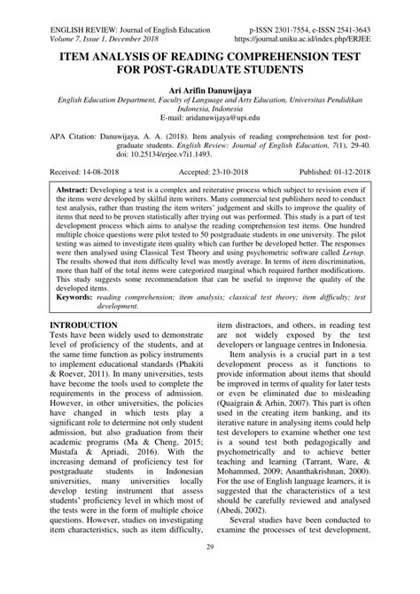 Pdf Item Analysis Of Reading Comprehension Test For Post Graduate