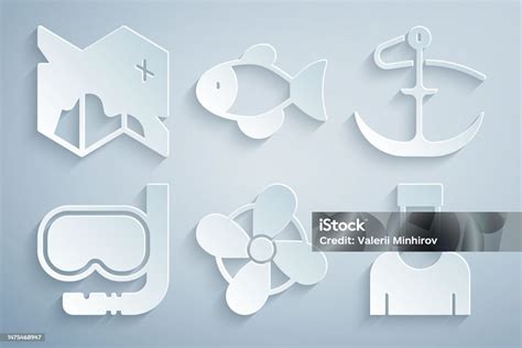 보트 프로펠러 앵커 다이빙 마스크 및 스노클 선장 선장 물고기 및 해적 보물지도 아이콘을 설정합니다 벡터 3차원 형태에 대한