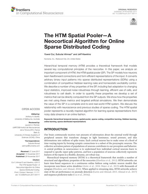 pdf the htm spatial pooler—a neocortical algorithm for online sparse