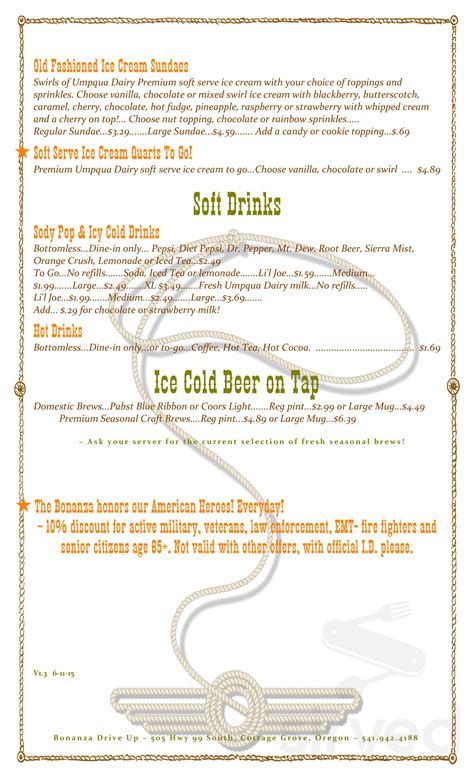 Bonanza Drive Up Menu In Cottage Grove Oregon Usa