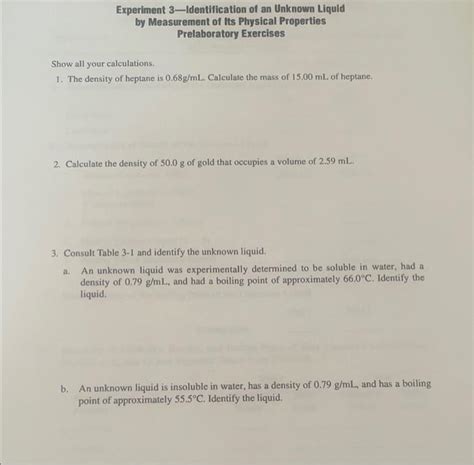 solved experiment 3 identification of an unknown liquid by