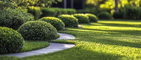 A Beautifully Landscaped Lawn With Green Grass Rounded Shrubs And A