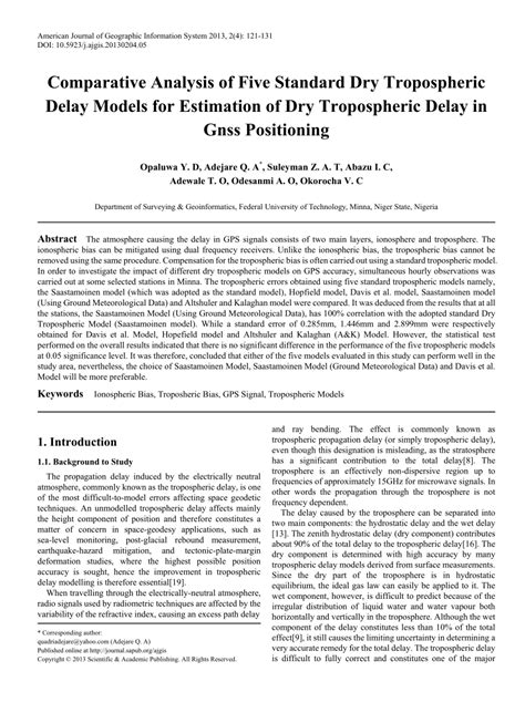 Pdf Comparative Analysis Of Five Standard Dry Tropospheric Delay Models For Estimation Of Dry