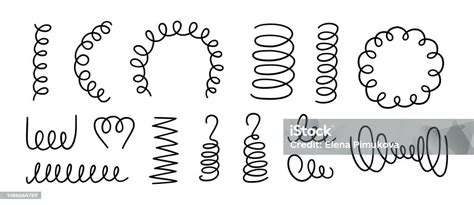 손으로 그린 나선형 스프링 세트 낙서 유연한 코일 와이어 스프링 기호 금속 코일 나선형 아이콘입니다 흰색 배경에 분리된 벡터 그림 용수철에 대한 스톡 벡터 아트 및 기타