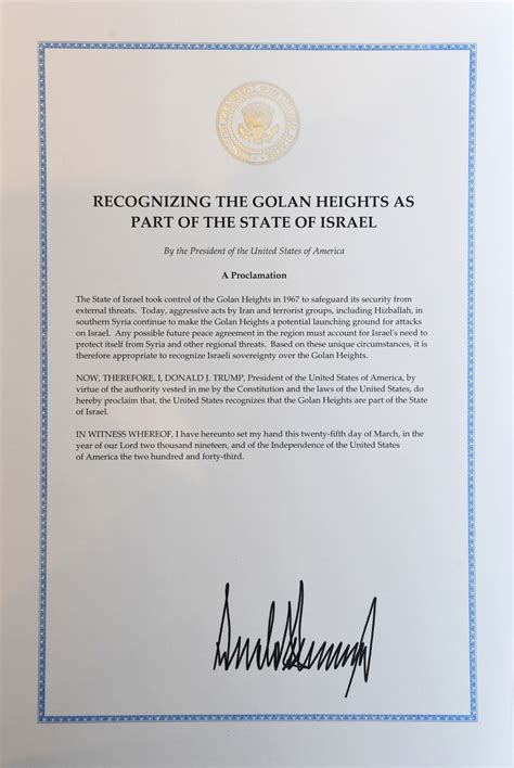 President Signs Proclamation Recognizing Israels Sovereignty Over Golan Heights American