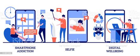 스마트 폰 중독 셀카 작은 사람들과 디지털 웰빙 개념 디지털 문화 권추상 벡터 일러스트레이션 세트 전화 검사 소셜 네트워크 디지털 카메라 스트레스 관리 은유 개념에 대한