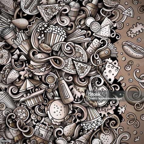 패스트 푸드 손으로 그린 벡터 낙서 일러스트 패스트 푸드 프레임 그래피티에 대한 스톡 벡터 아트 및 기타 이미지 그래피티 길거리 음식 굽기 Istock