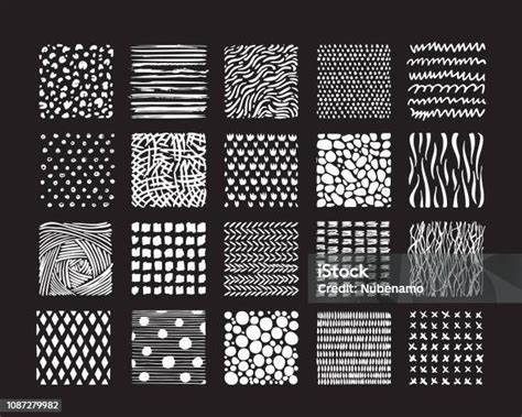 지저분한 손으로 그려진된 텍스처 브러쉬 스트로크 부족 디자인 서식 파일 컬렉션입니다 추상적인 벡터 클립 아트 세트 검은 배경에 고립입니다 개체 그룹에 대한 스톡 벡터 아트