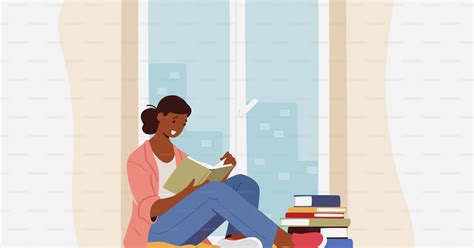 교육 독서 취미 개념 창턱에 앉아 있는 여자 캐릭터는 책을 읽는다 대학생 또는 대학생은 시험을 준비하고 학교로 돌아가 지식을 습득합니다 만화 벡터 일러스트레이션 벡터