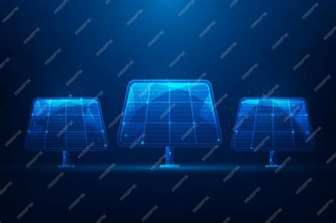 청정 태양전지 에너지 푸른 배경에 낮은 폴리 와이어 프레임 지속가능하고 재생 가능한 에너지 프리미엄 벡터