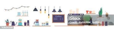 커피 하우스 장비 및 바리스타 도구 세트 메뉴 칠판 커피 머신 병이있는 선반 컵 머그잔 및 램프 메뉴판에 대한 스톡 벡터 아트 및 기타 이미지 Istock