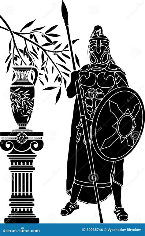 Ancient Hellenic Helmet Two Crossed Ancient Greek Swords And Greek Ornament Meander Vector