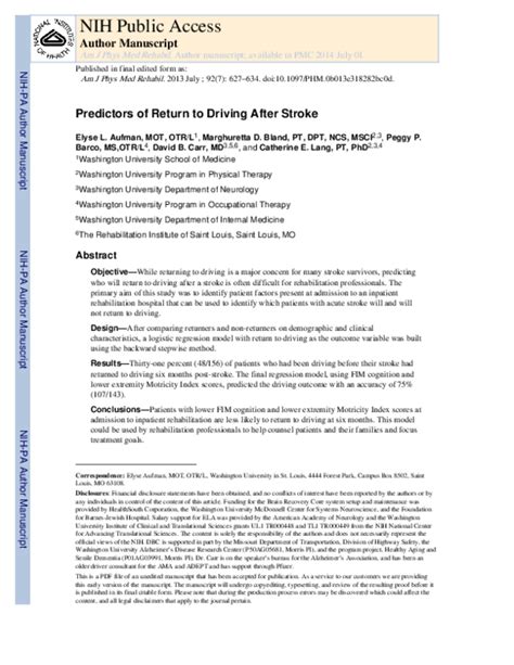 Pdf Predictors Of Return To Driving After Stroke