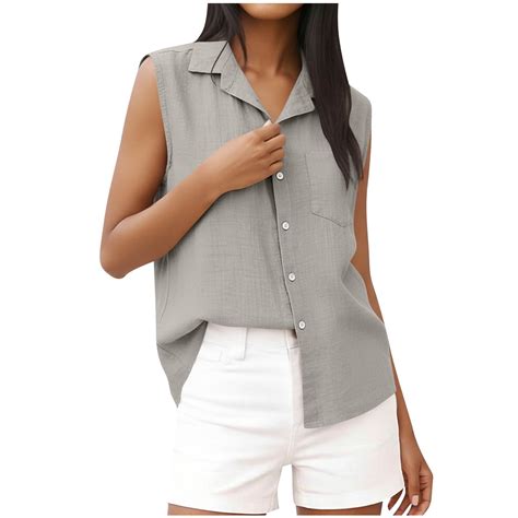Lovskoo Womens Solid Linen Blend Sleeveless Shirt Camp Collar Button