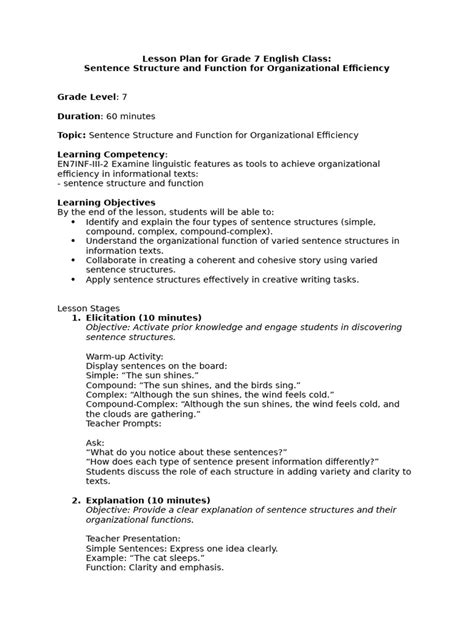 Clt Lesson Plan Sentence Structures Pdf Syntax Lesson Plan