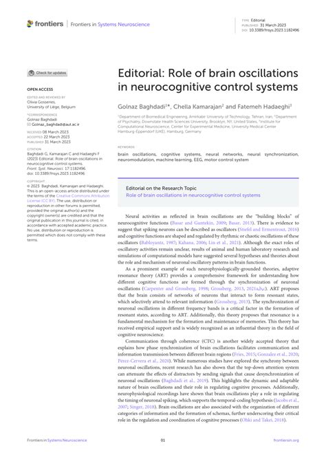 Pdf Editorial Role Of Brain Oscillations In Neurocognitive Control Systems