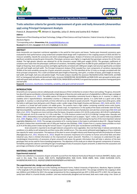 Pdf Traits Selection Criteria For Genetic Improvement Of Grain And Leafy Amaranth Amaranthus