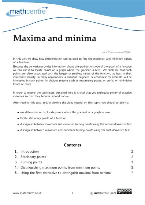 Mc Ty Maxmin 2009 1 Maxima And Minima Mc Ty Maxmin 2009 In This Unit
