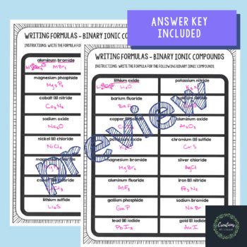 Writing Formulas Binary Ionic Compounds Worksheet Key Included