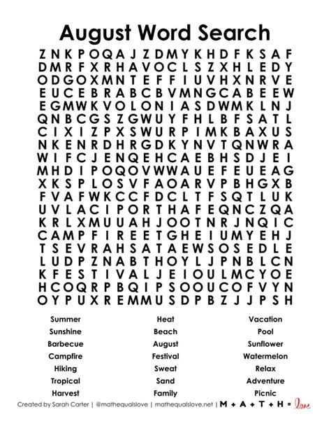 August Word Search Puzzle Math Love