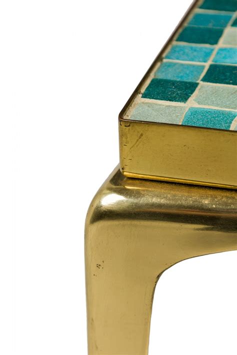Japanese Mid Century Murano Glass Blue Tile Top Brass End Side Table
