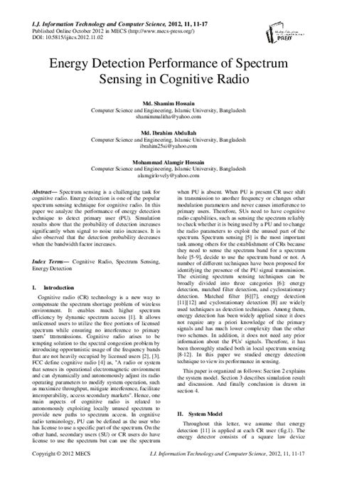 Pdf Energy Detection Performance Of Spectrum Sensing In Cognitive Radio