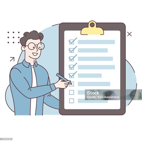체크리스트가있는 남자 작업 완료 검토 계획 비즈니스 전략에 대한 체크리스트 책임 및 성취 개념에 대한 할 일 목록 표시와 텍스트가 있는 문서입니다 평면 디자인 벡터 일러스트